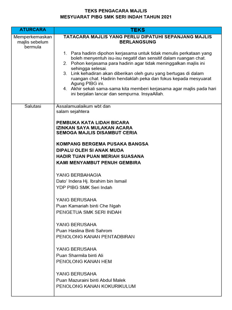 Teks Pengacara Majlis Mesyuarat Agung Pibg 2021 | PDF | Karier & Perkembangan