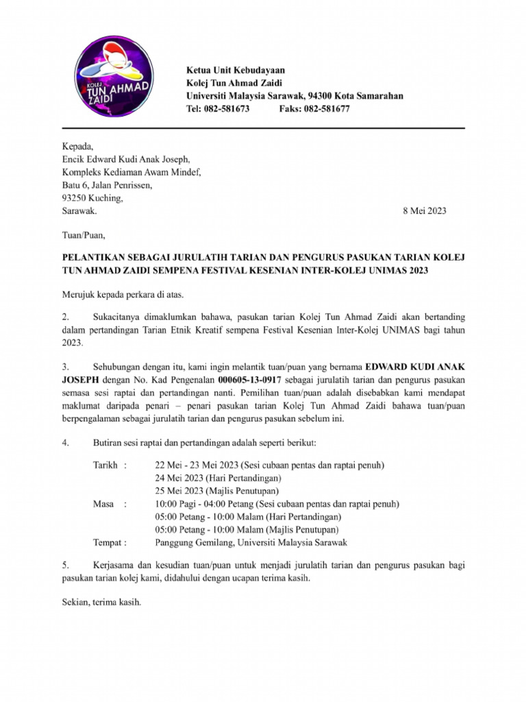 Surat Lantikan Sebagai Jurulatih & Pengurus Pasukan | PDF