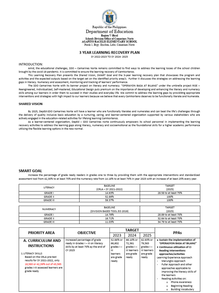3 Year Learning Recovery Plan | PDF | Literacy | Learning