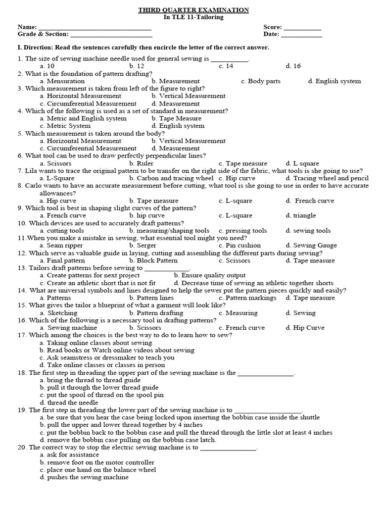 Q3-Exam Tailoring 9 With TOS | PDF | Sewing | Seam (Sewing)