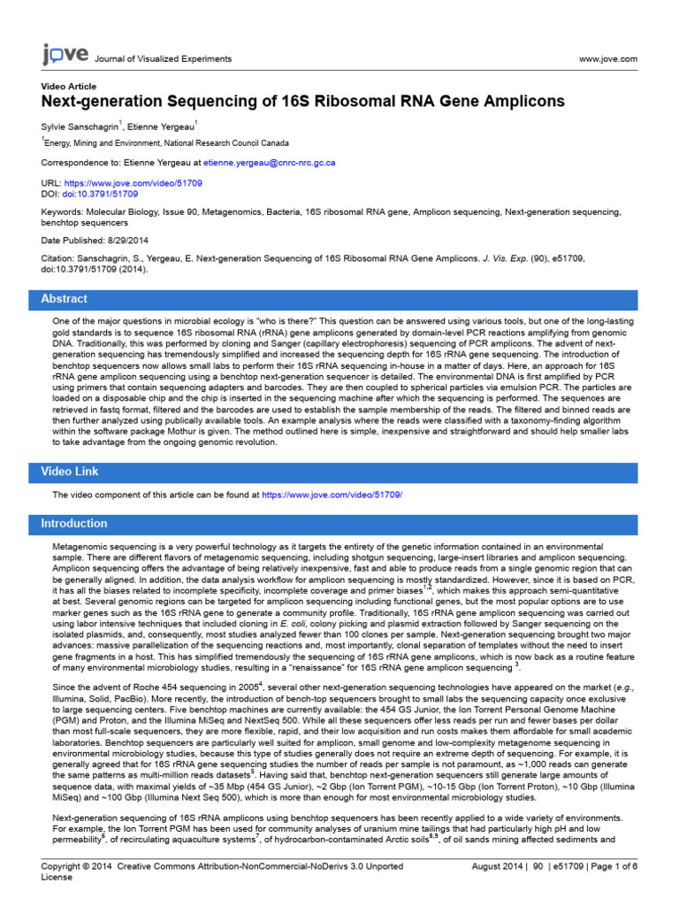 Jove Protocol 51709 Next Generation Sequencing of 16s Ribosomal Rna ... Jove Protocol 51709 Next Generation Sequencing of 16s Ribosomal Rna ...