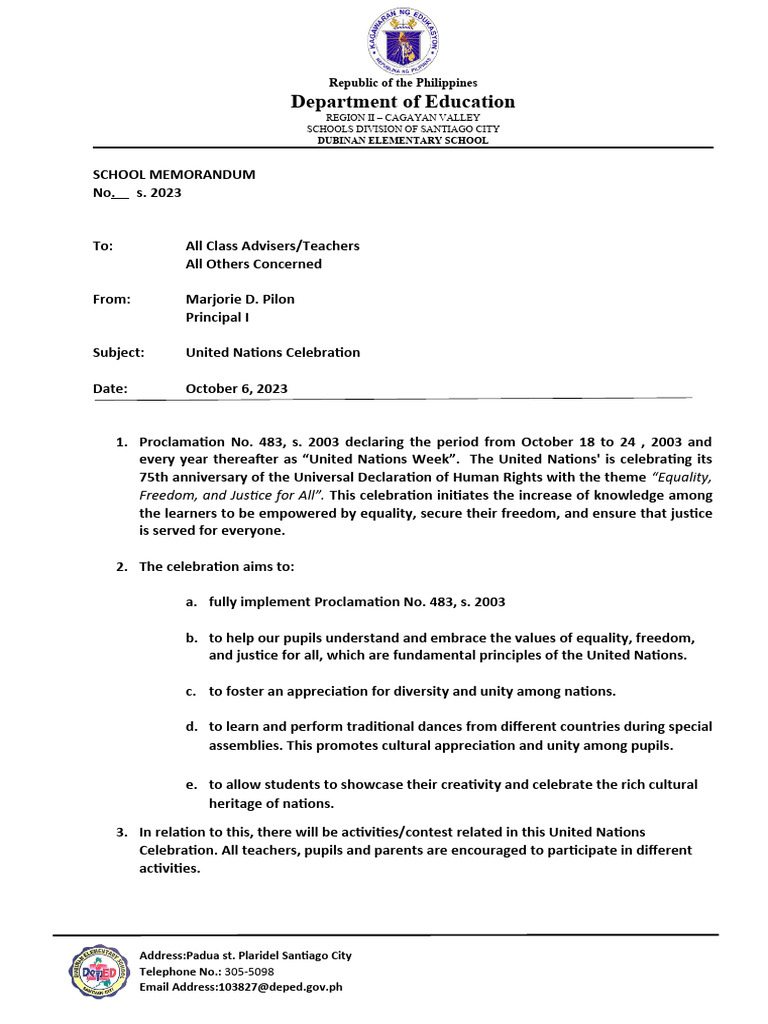 UN Celebration School Memo | PDF | United Nations | International Relations