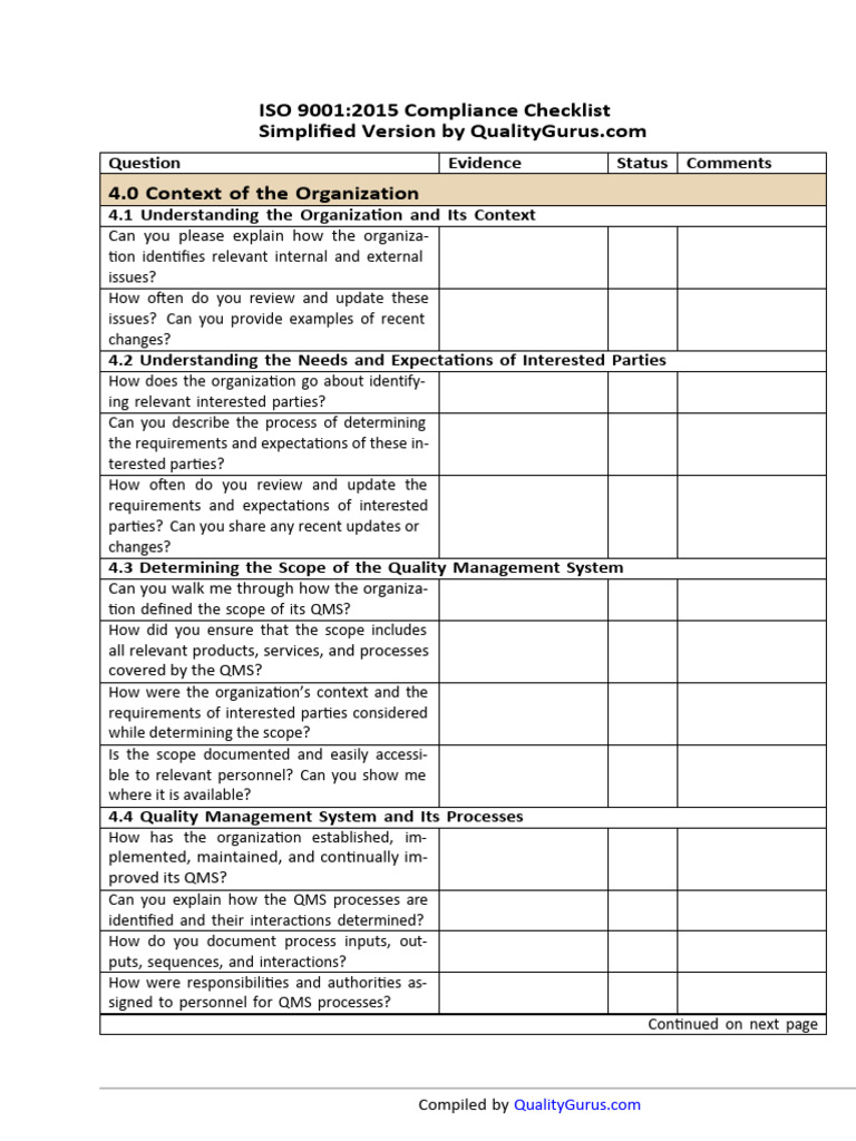 9001 2015 Audit Checklist Simplified Version | PDF | Quality Management ...