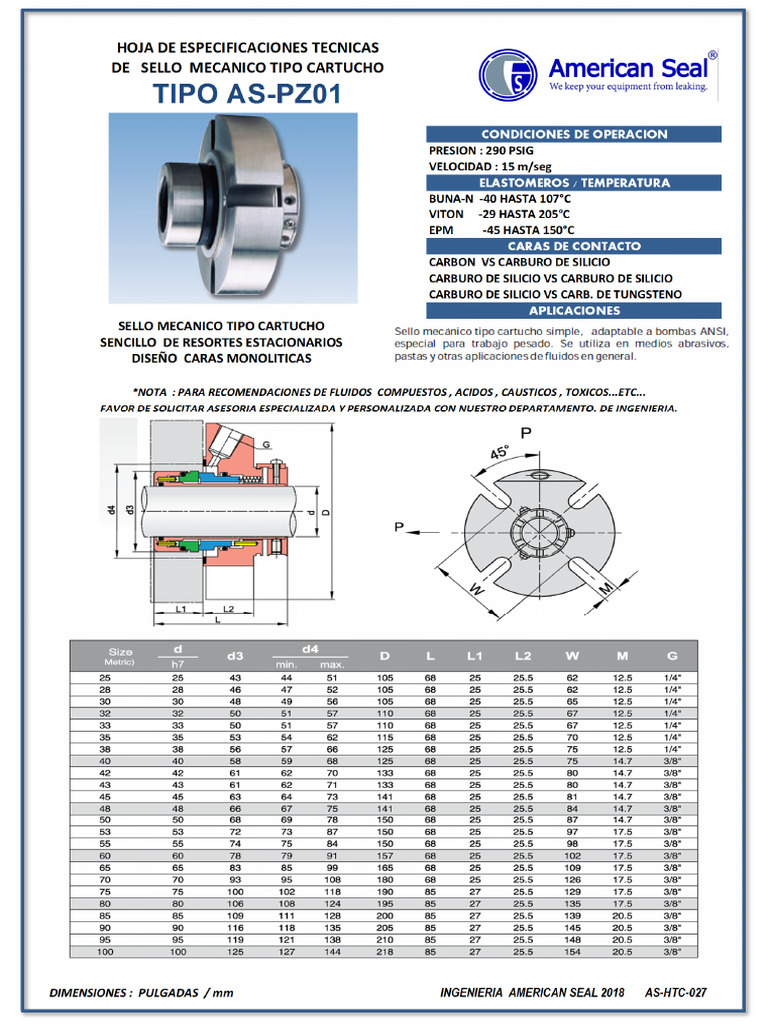 Ficha Tecnica para Sellos Mecanico Tipo As Pz01 Rev 2018 | PDF