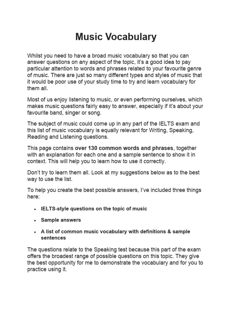 Music Vocabulary+Part1,2,3 Q&A | PDF | Concert | Musical Instruments
