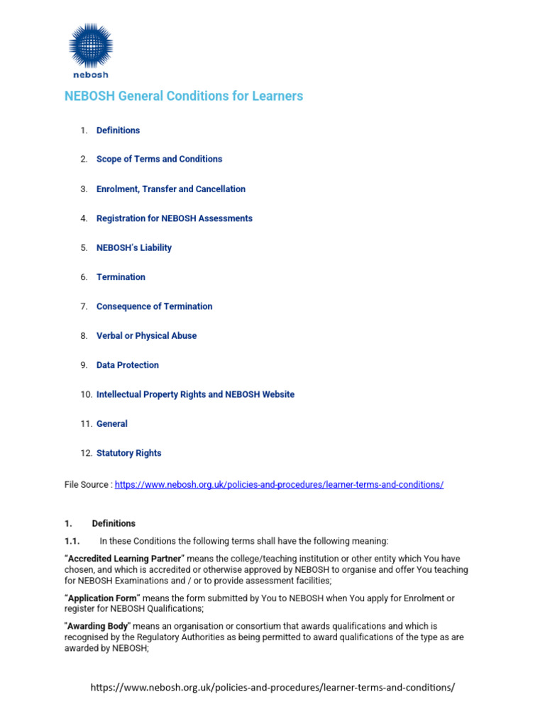NEBOSH General Conditions For Learners | PDF | Legal Liability | Breach ...