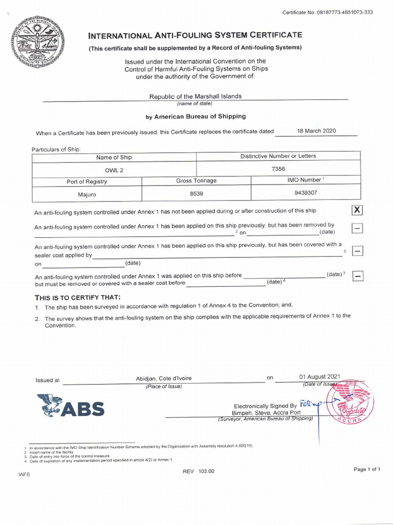 10.0 International Antifouling Certificate With Record 01.08.2021 | PDF