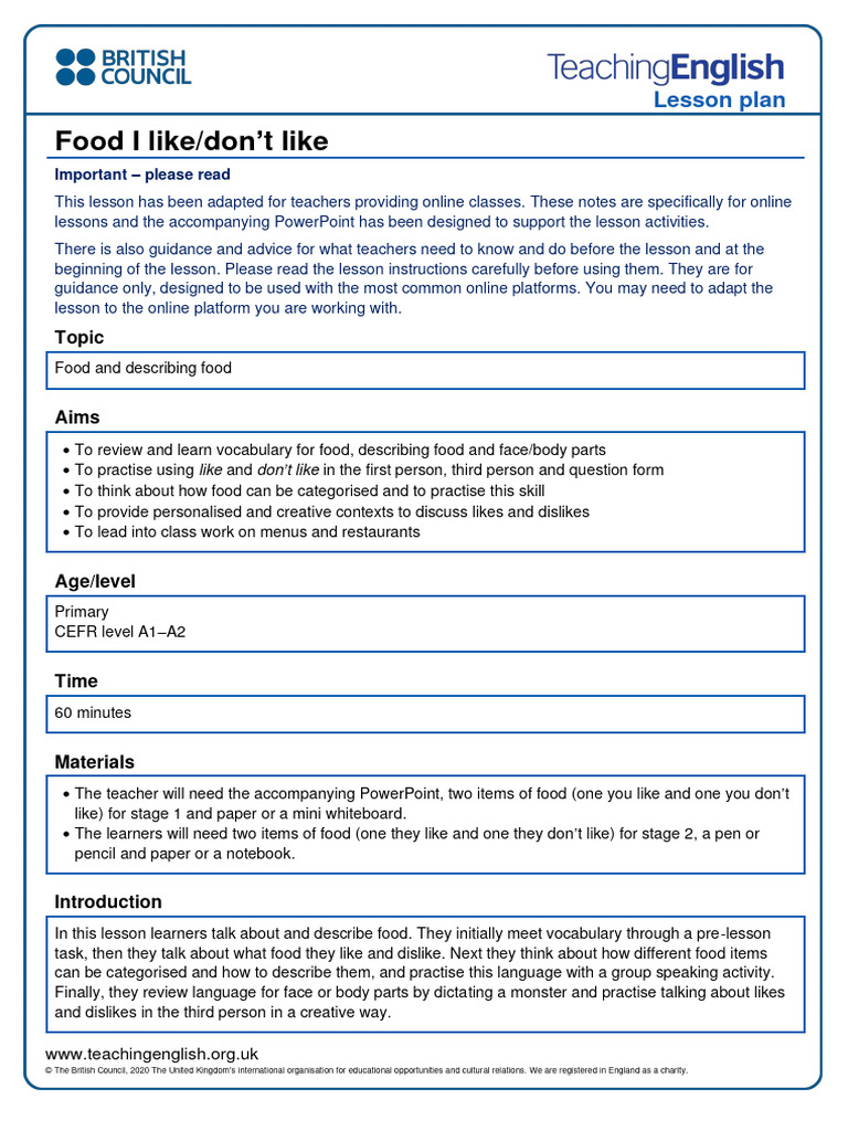 Teaching Kids Food Online Lesson Plan | PDF | Menu | Learning