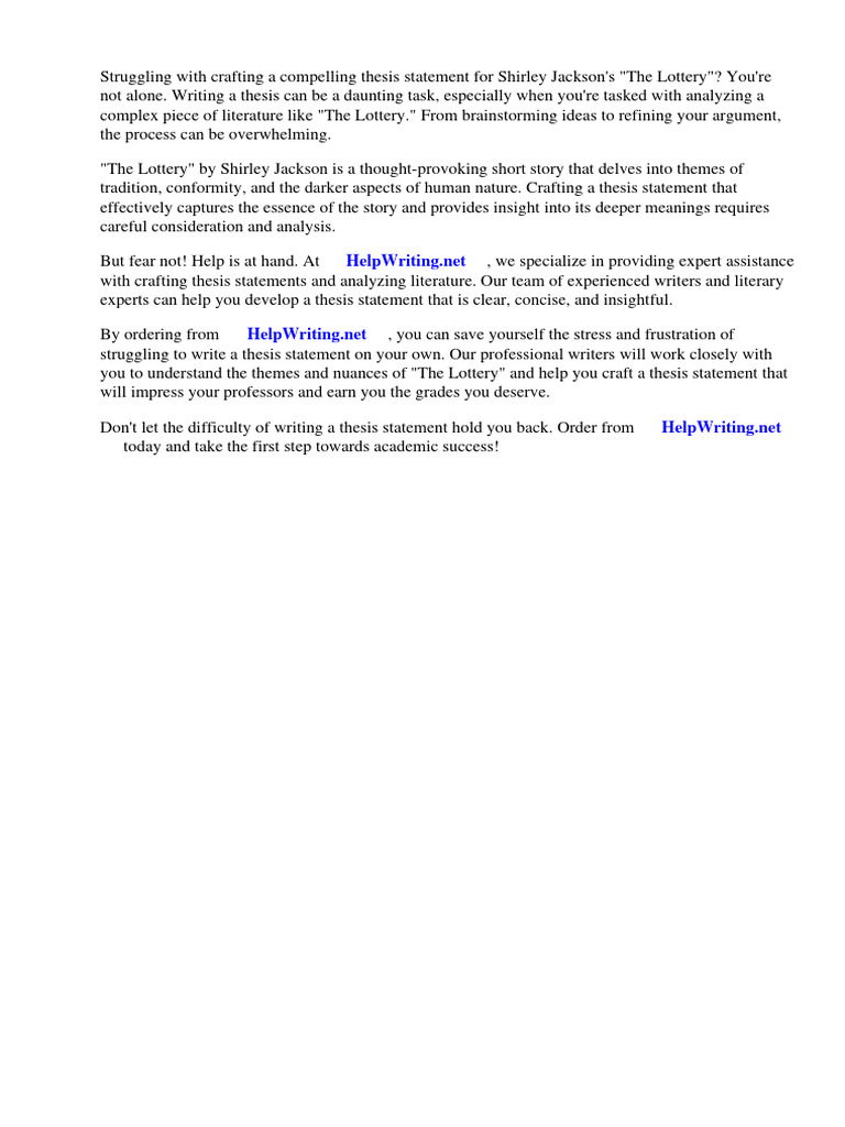Thesis Statement The Lottery by Shirley Jackson | PDF