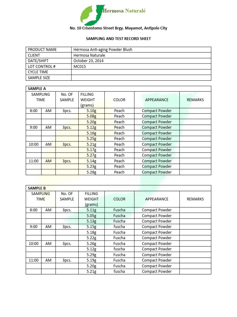 SAMPLING AND TEST RECORD SHEET | PDF | Physical Sciences | Materials