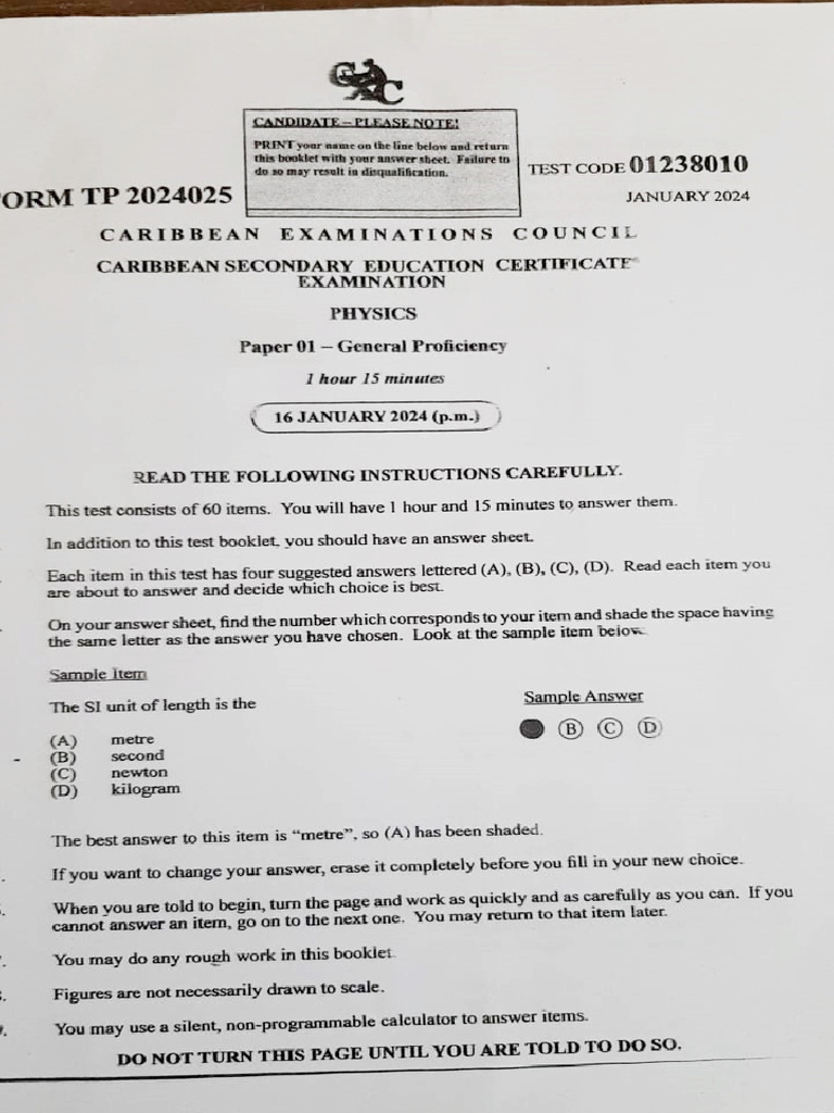 January - 2024 CSEC Physics P1 | PDF