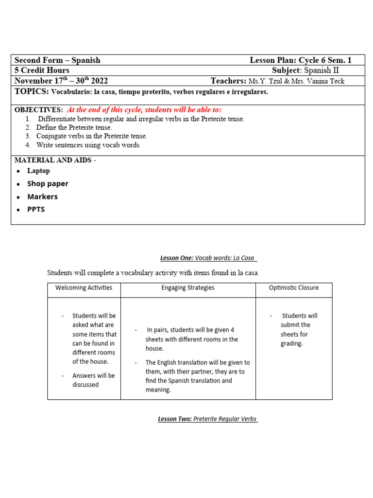Spanish II Lesson Plan: Preterite & Imperfect | PDF | Human ...