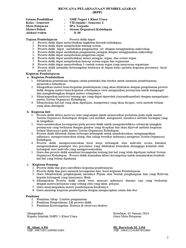 RPP 1 Lembar IPA Terpadu Kelas 7 Semester 2 | PDF | Karier & Perkembangan