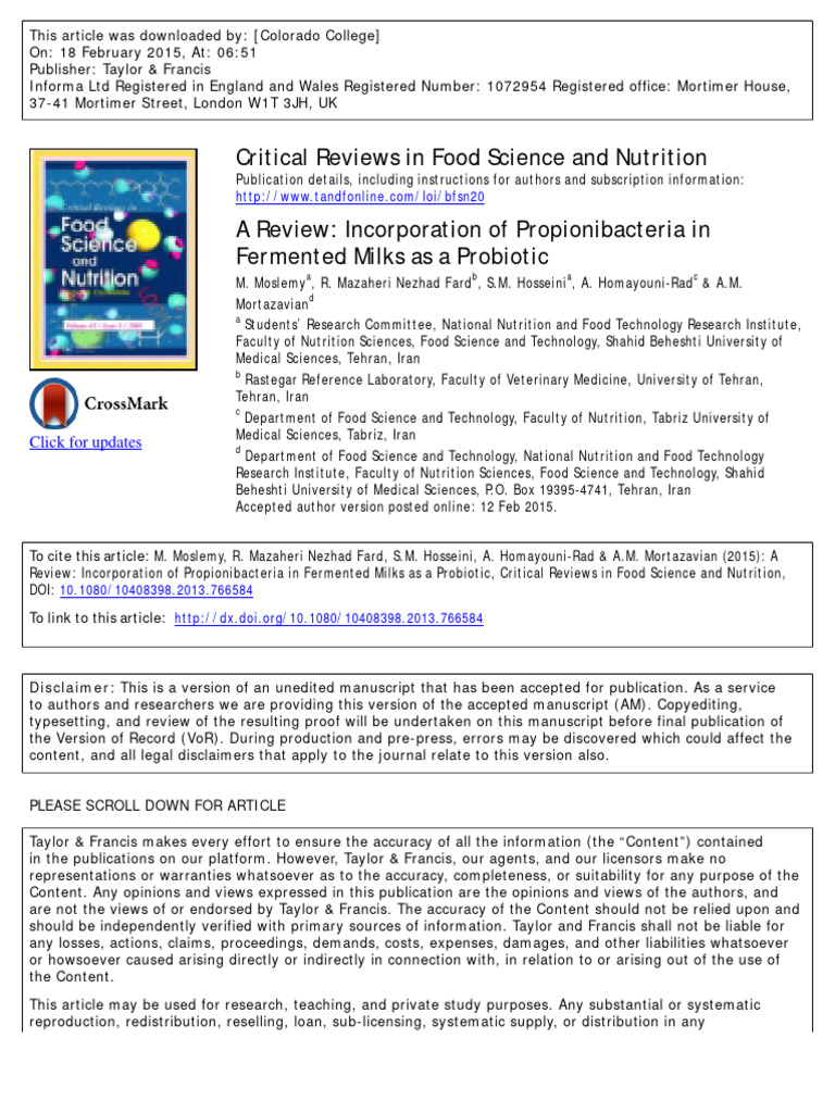2015. a Review- Incorporation of Propionibacteria in Fermented Milk as ...