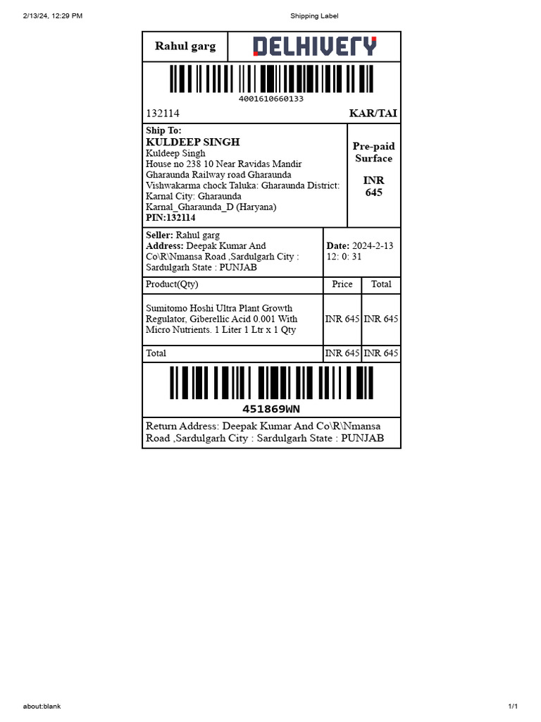 Shipping Label for Plant Regulator | PDF
