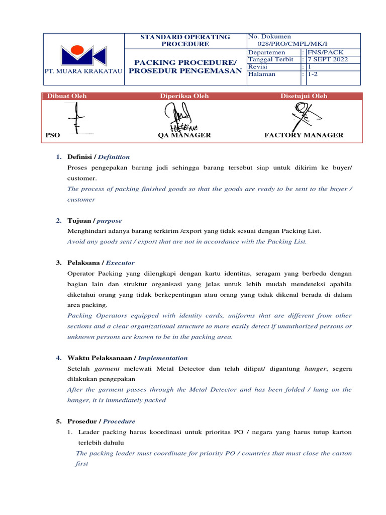 SOP PACKING PROCEDURE - Prosedur Pengemasan | PDF
