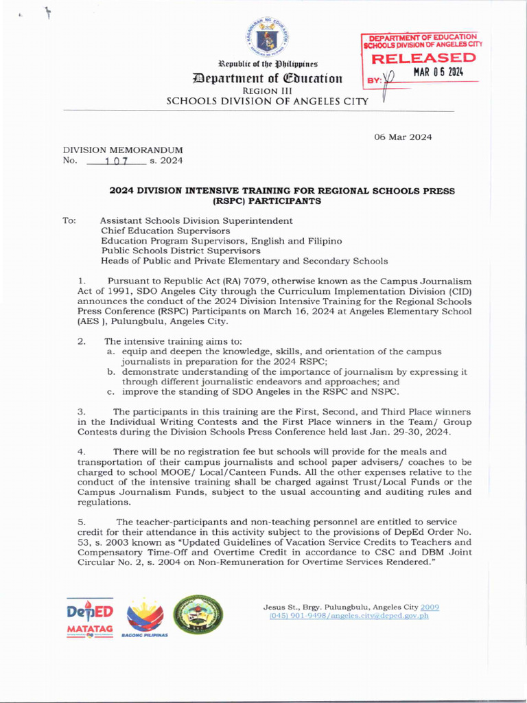 Division Memorandum No. 107 S. 2024 - 2024 Division Intensive Training ...