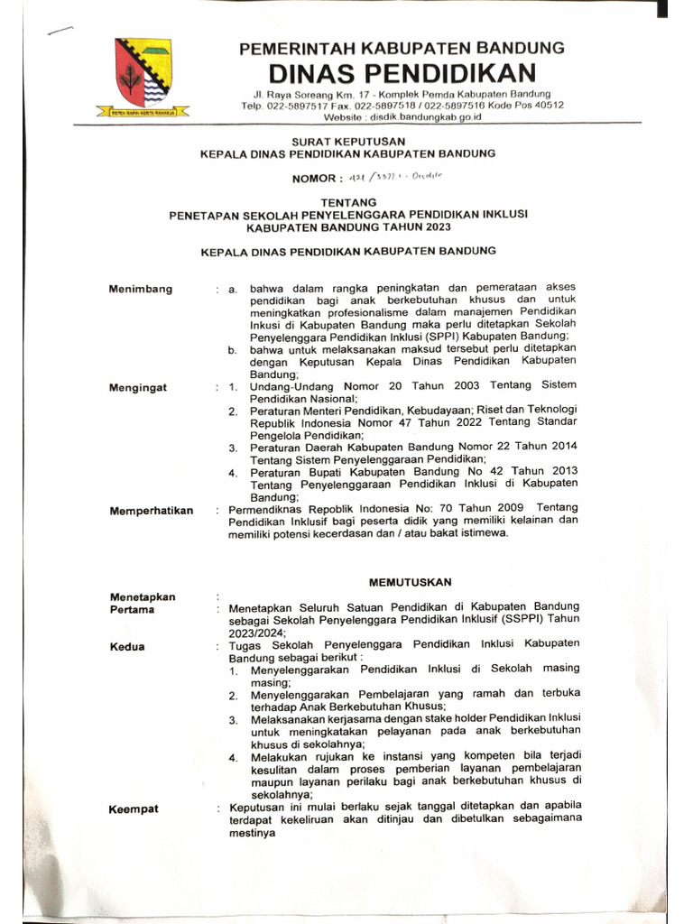 SE Penetapan Sekolah Penyelenggara Pend Inklusi | PDF