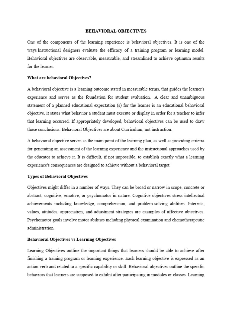 Behavioral Objectives | PDF | Learning | Affect (Psychology)