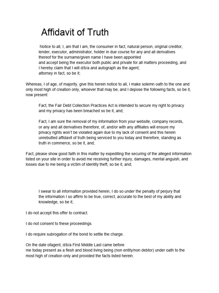 Affidavit of Truth | PDF | Affidavit | Business Law