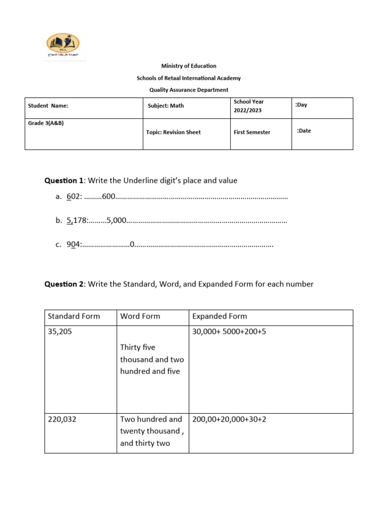 Answer Revision Sheet For Grade 3 Pdf