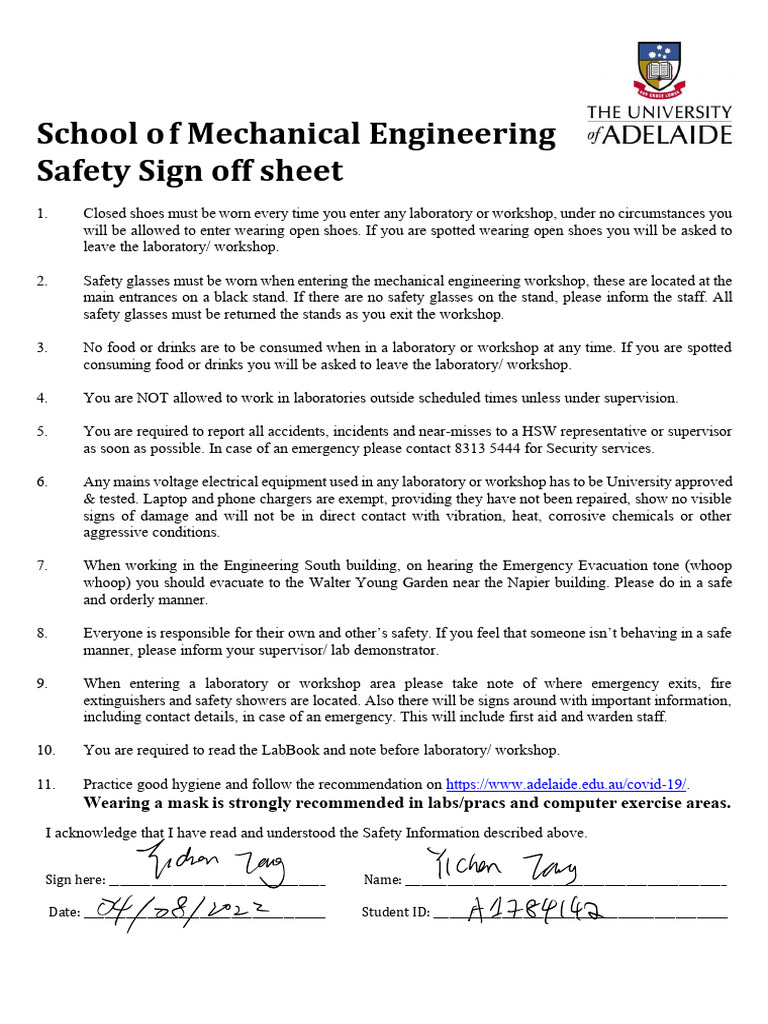 Safety Sign-Off Sheet Semester 2 2022 | PDF | Laboratories | Safety
