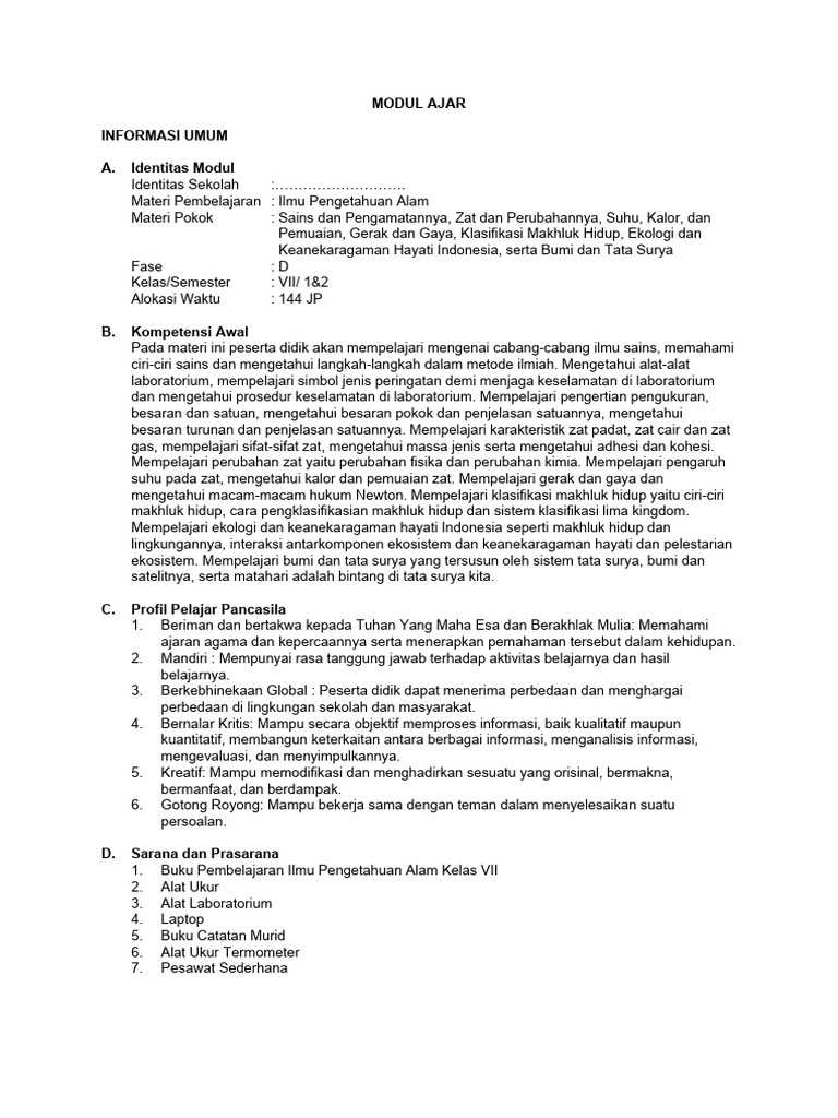 Modul Ajar Ipa Kelas 8 | PDF