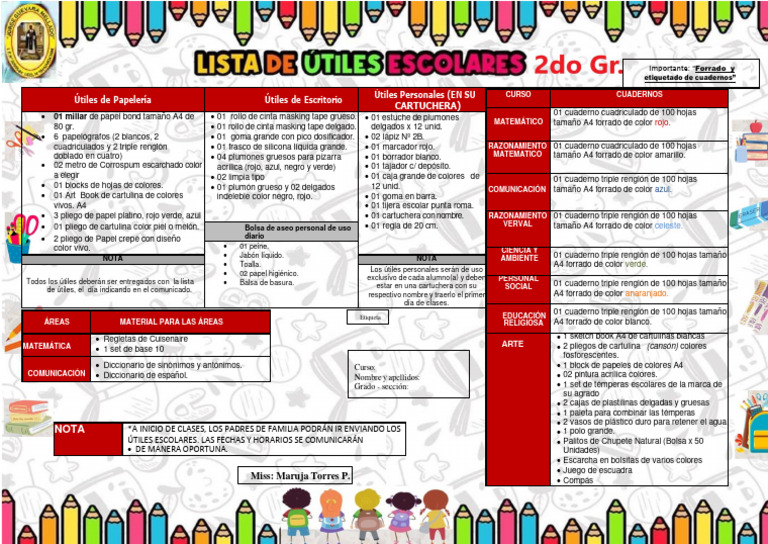 Lista de Utiles Escolares 2do Grado. | PDF | Cuaderno