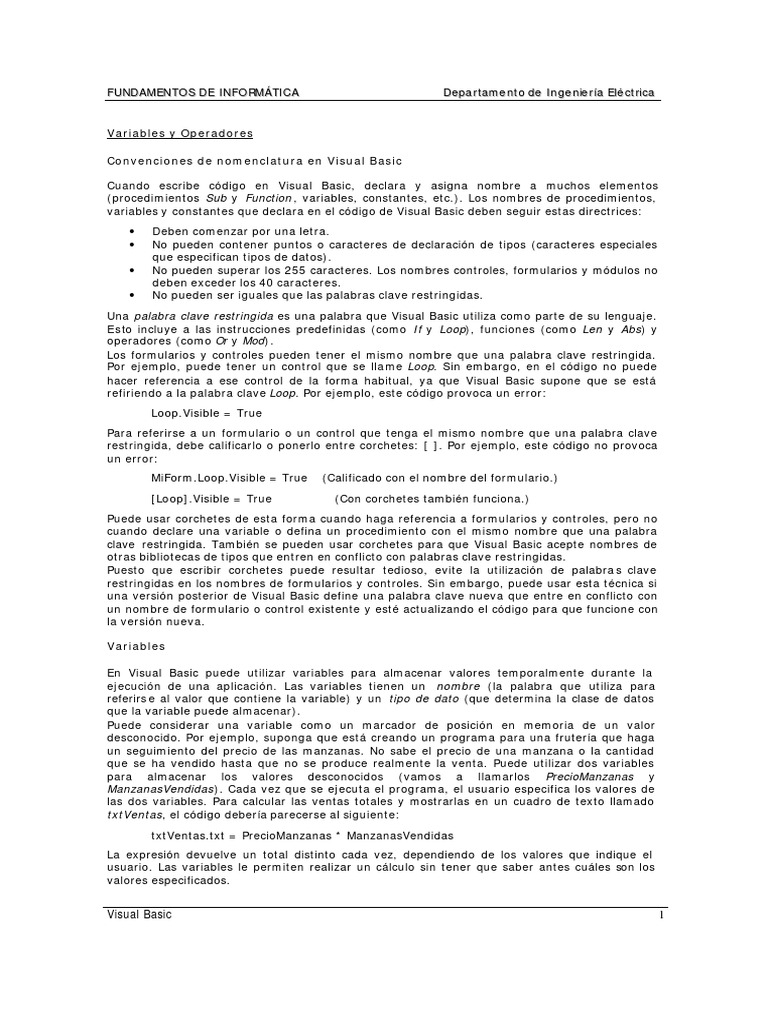 Visual Basic 1. Variables y Operadores. Convenciones de Nomenclatura en Visual Basic | PDF ...