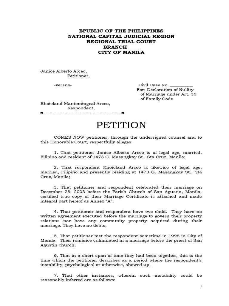 Petition For Annulment | PDF | Marriage | Annulment