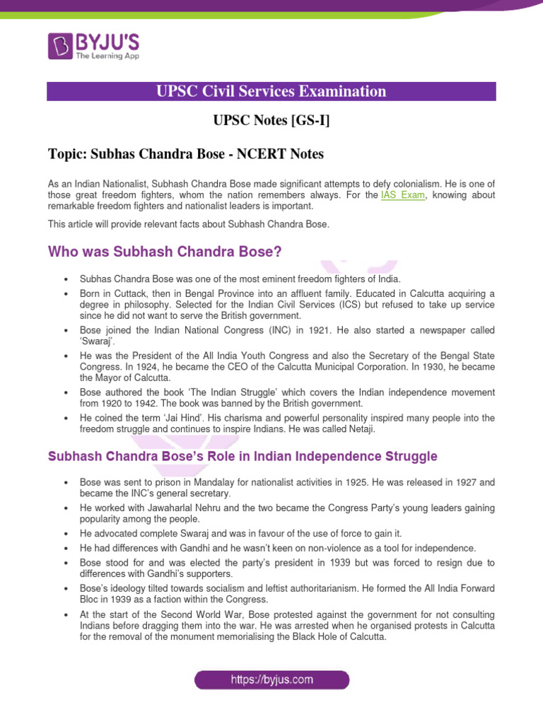 Subhas-Chandra-Bose-NCERT-Notes | PDF | Indian Independence Movement ...