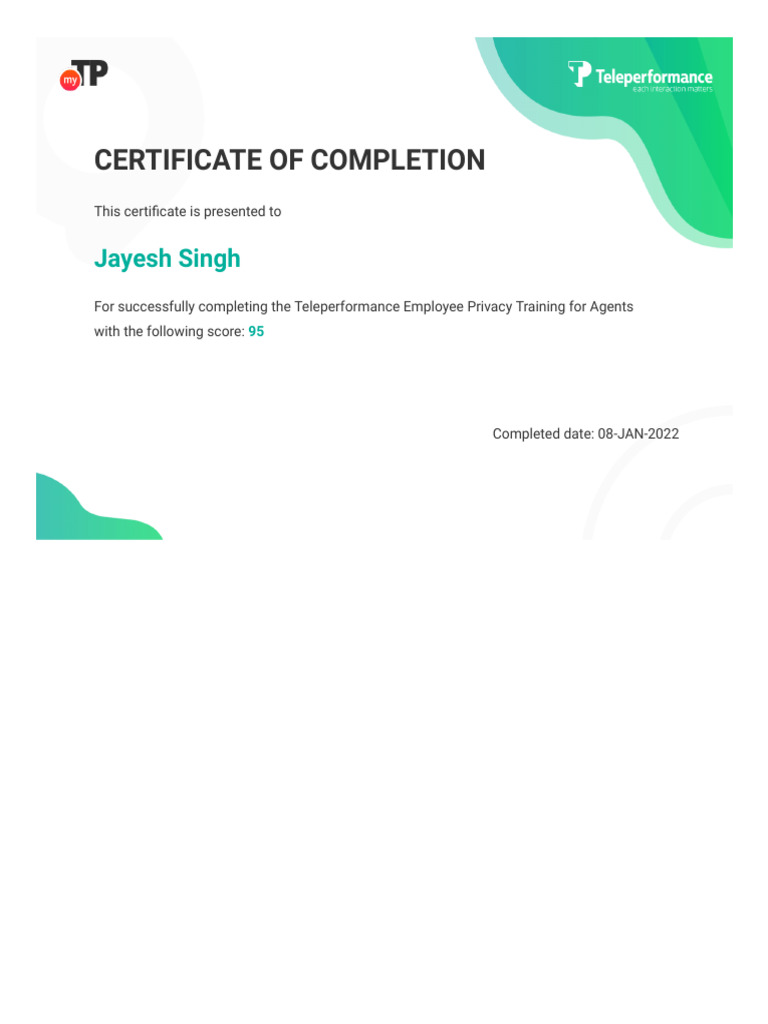 Teleperformance Certificate | PDF | Business | Computers