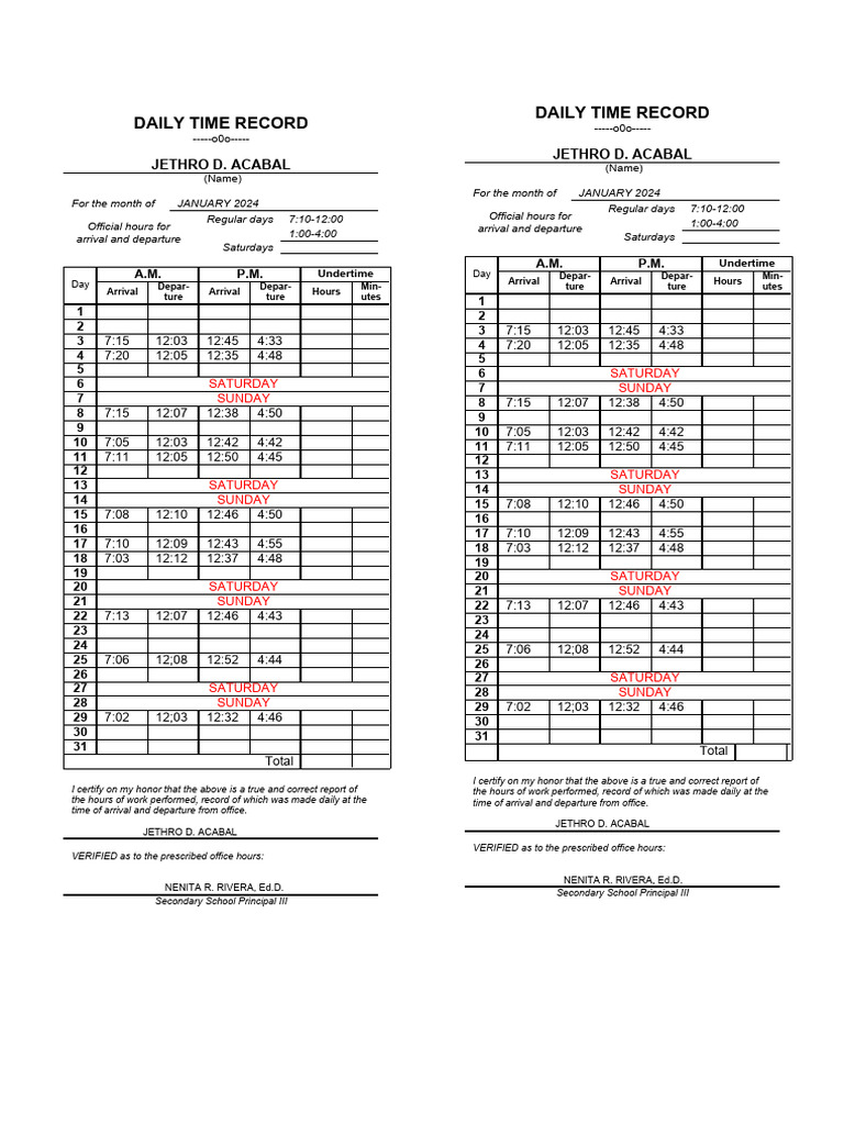 Daily Time Record DTR JETHRO | PDF