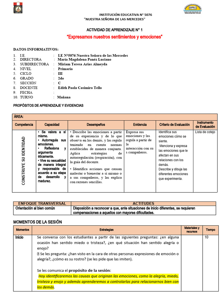 Actividad de Aprendizaje N | PDF | Las emociones | Aprendizaje
