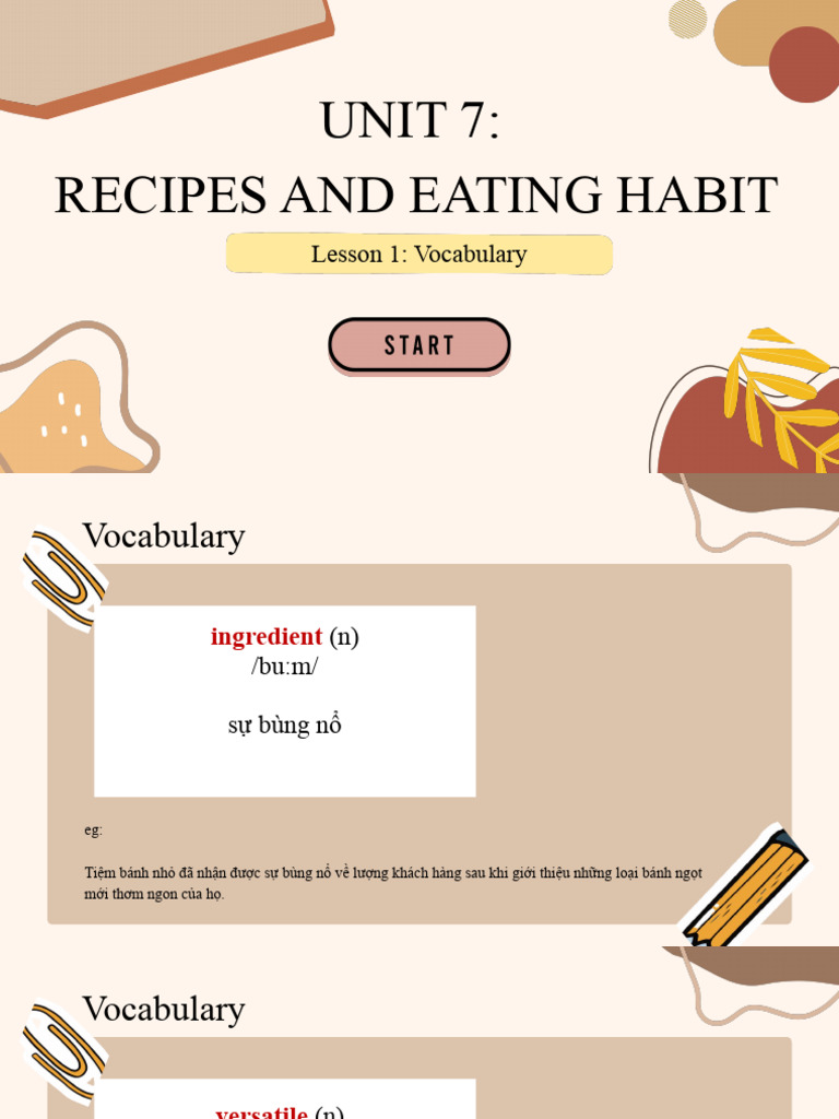 Unit 7: Recipes and Eating Habit: Lesson 1: Vocabulary | PDF
