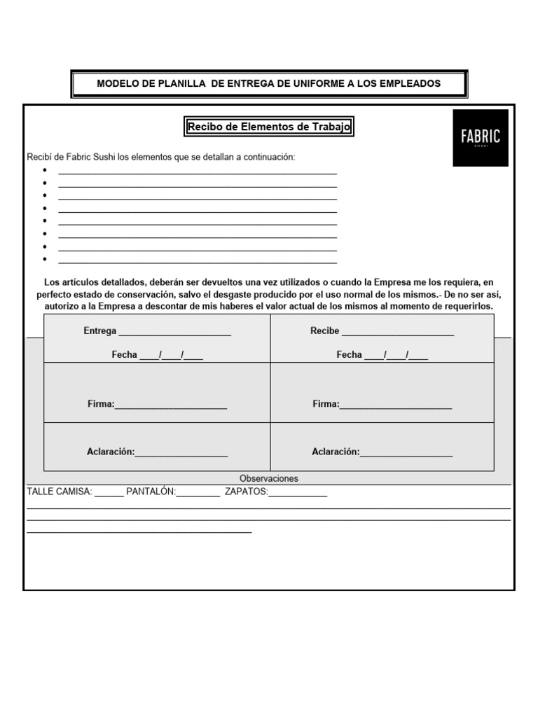 R 40 Modelo De Planilla De Entrega De Uniforme A Los Empleados Pdf