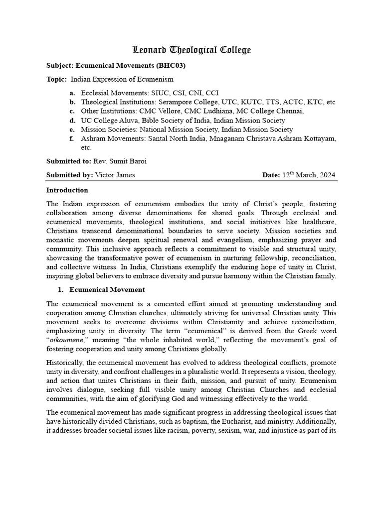 Indian Expression of Ecumenism by Victor James | PDF | Ecumenism ...