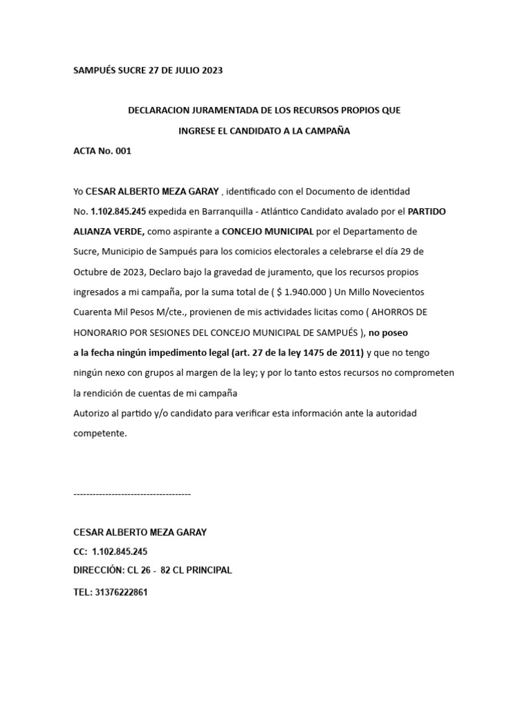 Declaracion Juramentada de Los Recursos Propios Cesar Garay | PDF ...