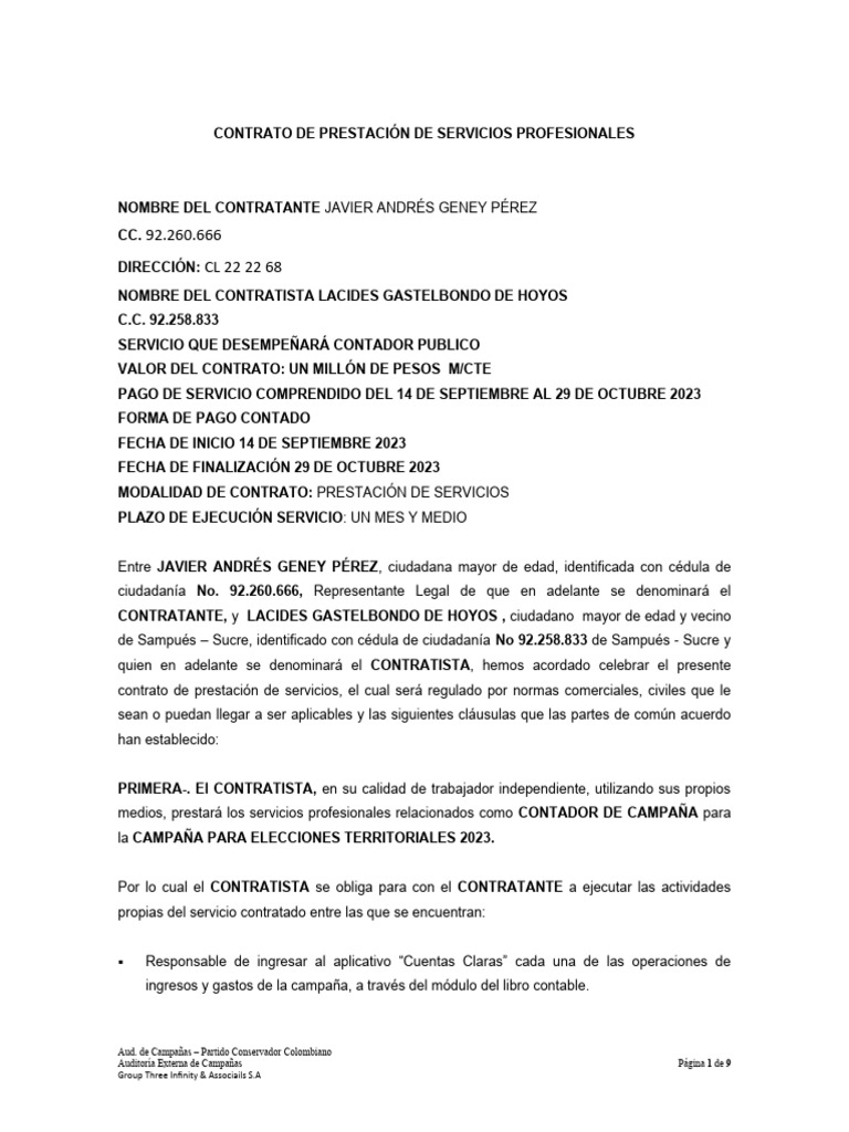Contrato de Prestacion de Servicios Profesionales Javier Geney | PDF ...