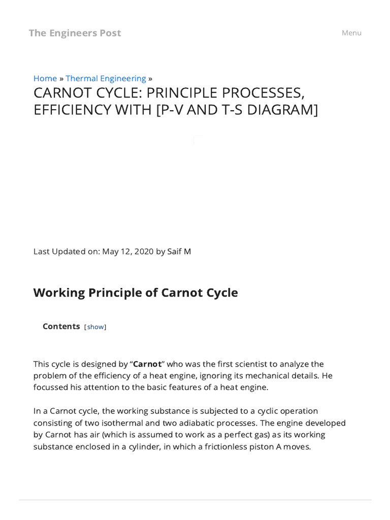 Carnot Cycle - Working Principle & Processes With (PV - Ts Diagram ...