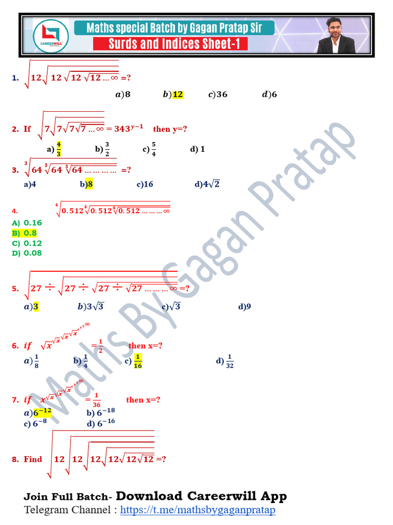 Surds-Indices-Sheet-1 | PDF | Rational Number | Mathematical Notation