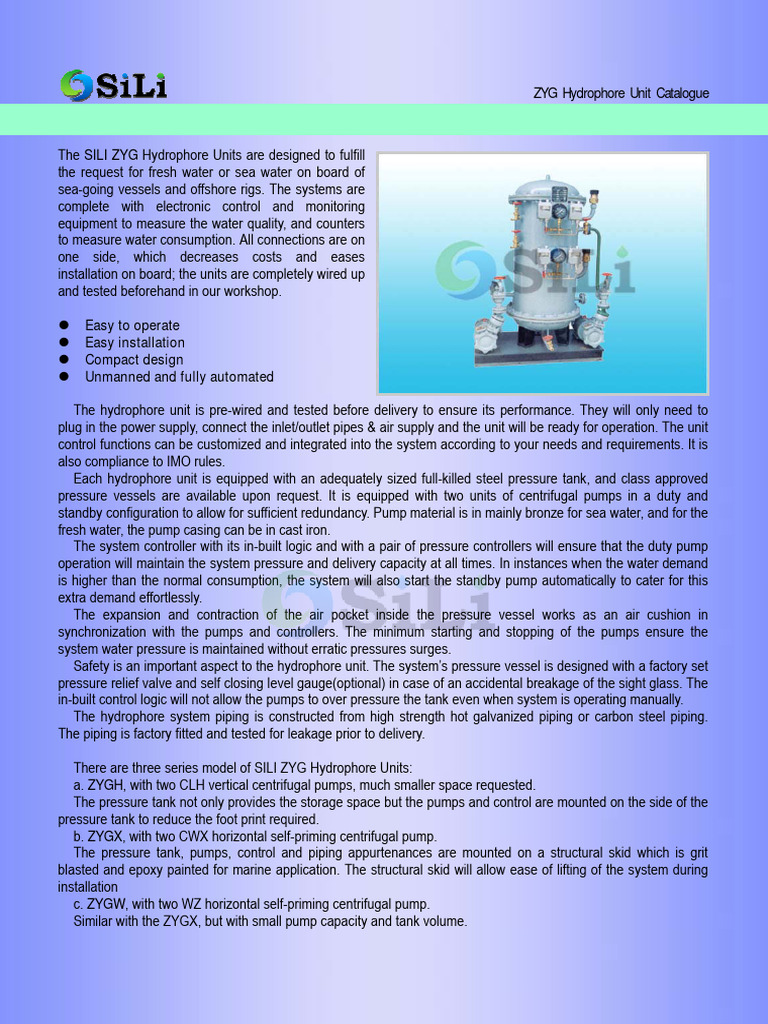 V 3 ZYG Hydrophore Unit catalogueSILI PUMP | PDF | Pump | Valve
