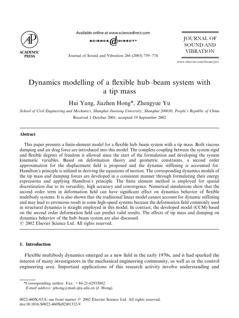 Dynamics Modellingof A Exible Hub-Beam System With A Tip Mass | PDF ...