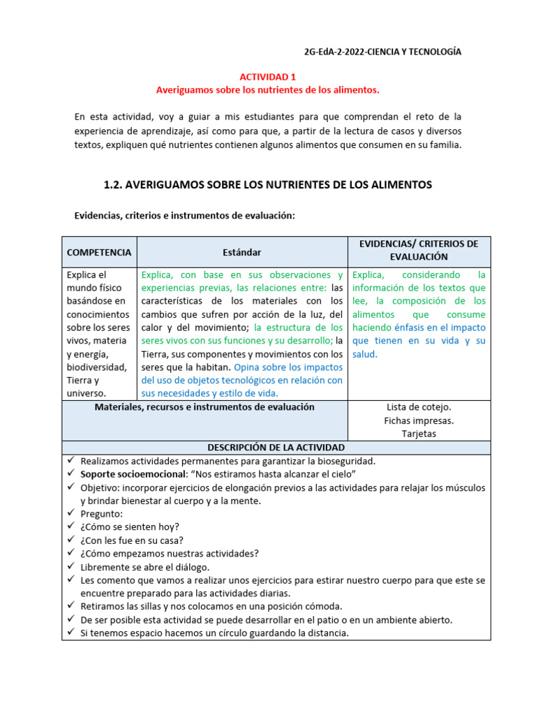 Nutrientes en Alimentos para Estudiantes | PDF | Evaluación | Alimentos