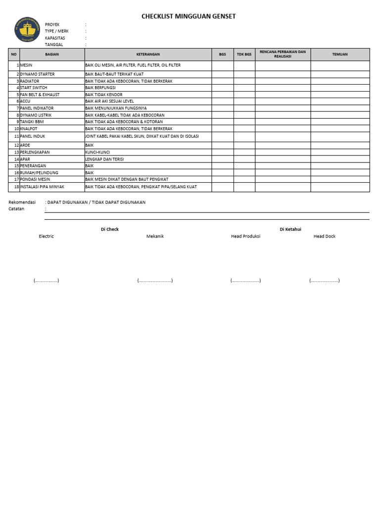 Checklist Genset | PDF
