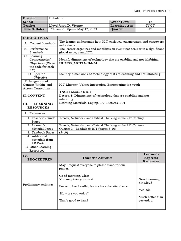 Dlp-Humss TNCT Lloyd | PDF | Educational Technology | Inquiry Based ...