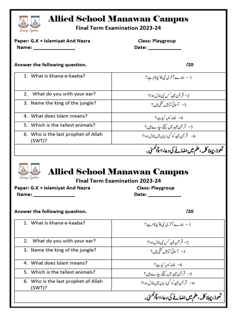 Allied School Playgroup Final Papers 2023-24 | PDF