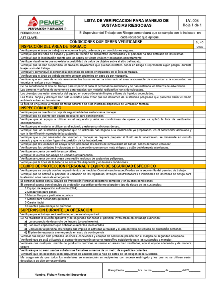Lista de Verificación-004 Para Manejo de Sustancias Riesgosas | PDF