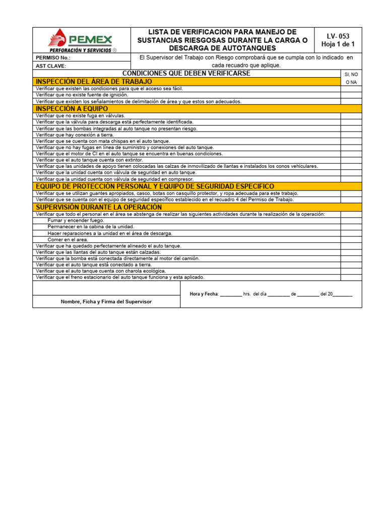 Lista de Verificación-005 para Manejo de Sustancias Riesgosas Durante La Carga o Descarga de ...