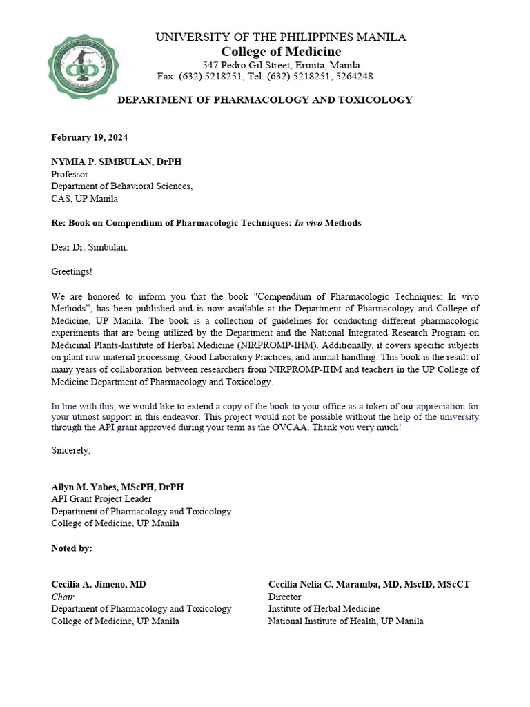 Letter For Giving Comlplimentary Copy of Book | PDF | Toxicology ...